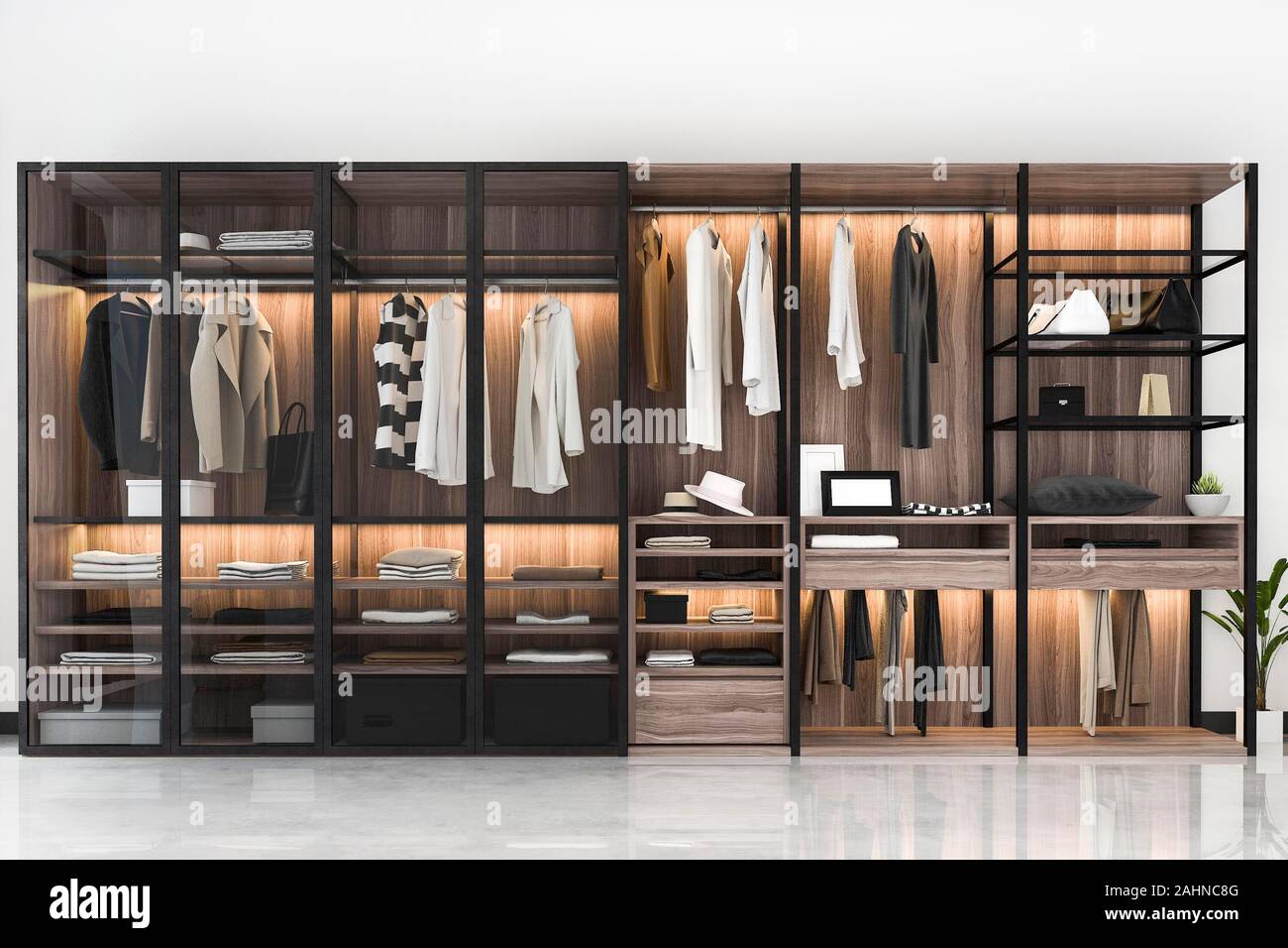 3d rendering minimal scandinavian walk in closet with wood wardrobe ...