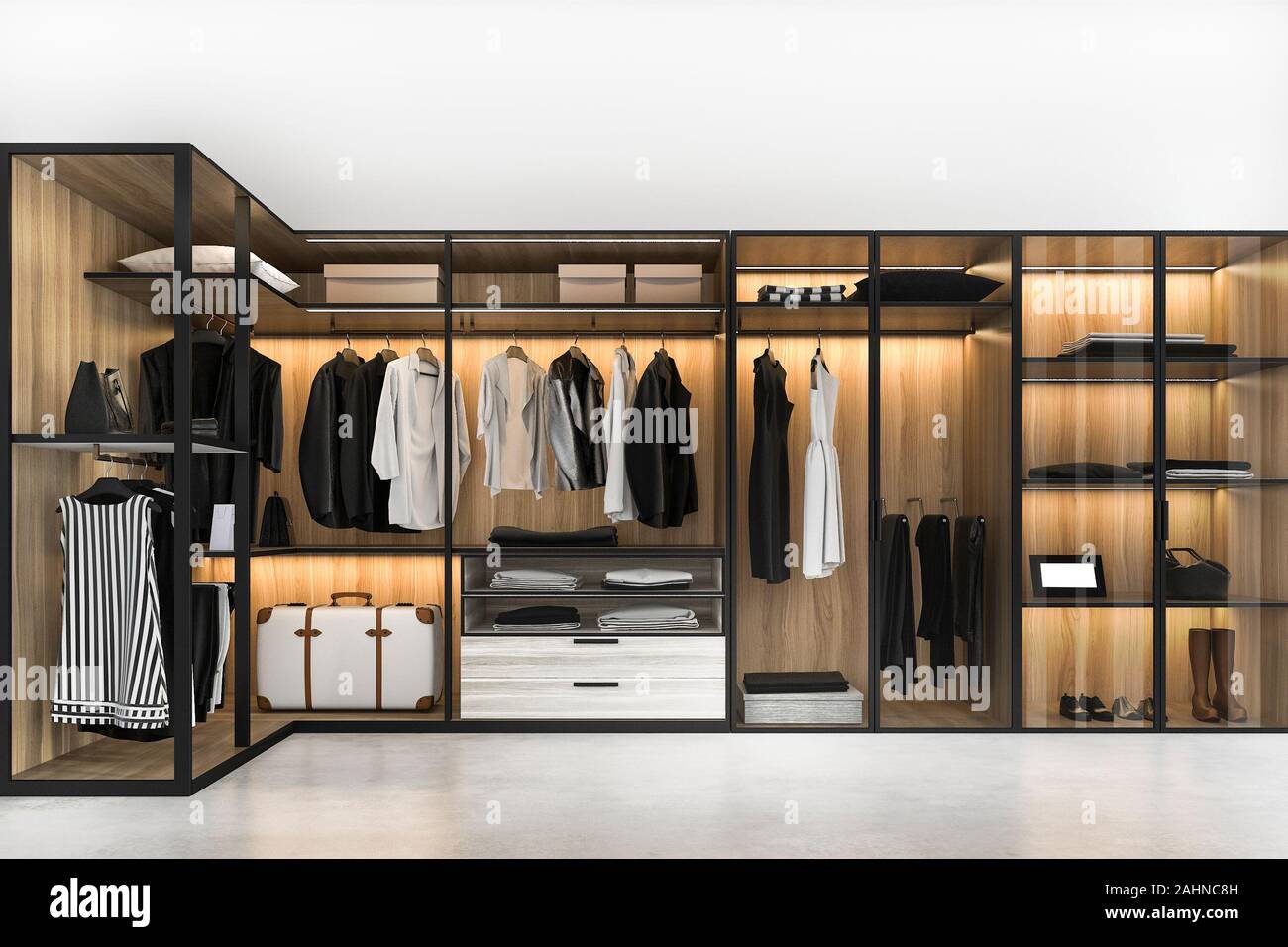 3d rendering minimal scandinavian walk in closet with wood wardrobe ...