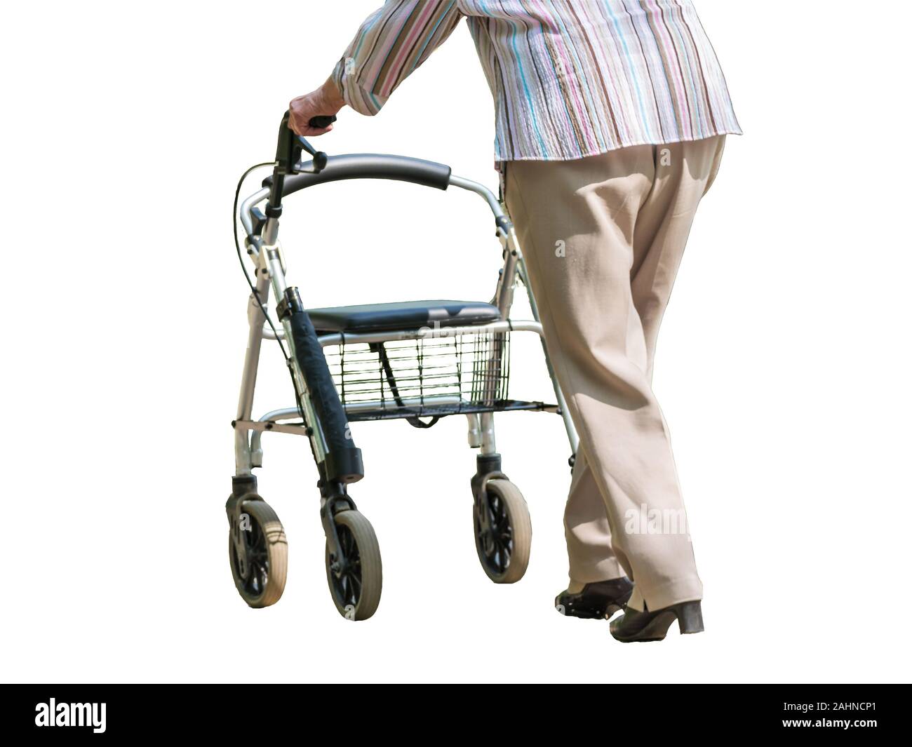 Old woman with walker isolated white background Stock Photo - Alamy