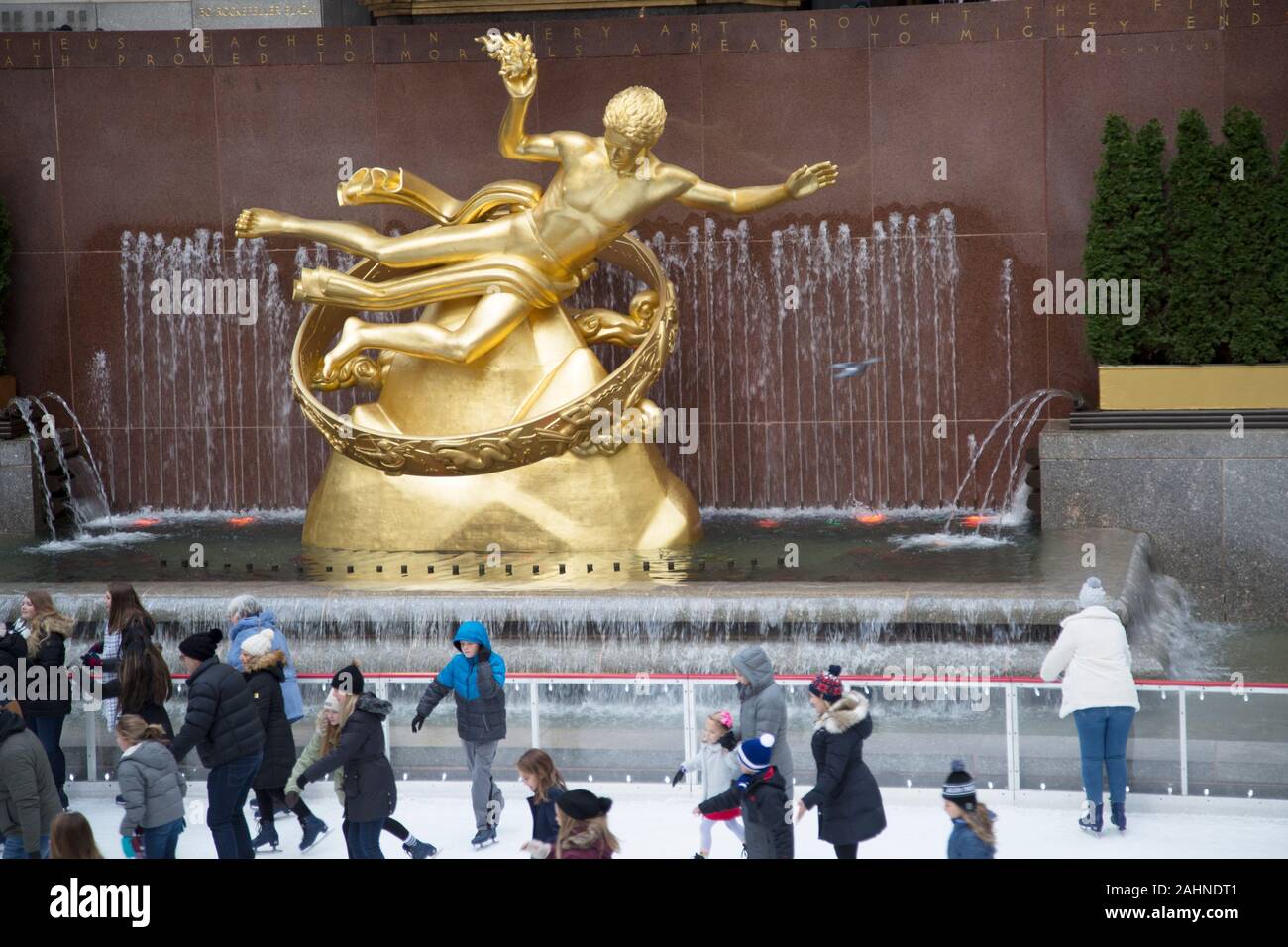 Prometheus sculpture and ice rink at the Rockefeller Center, New York ...