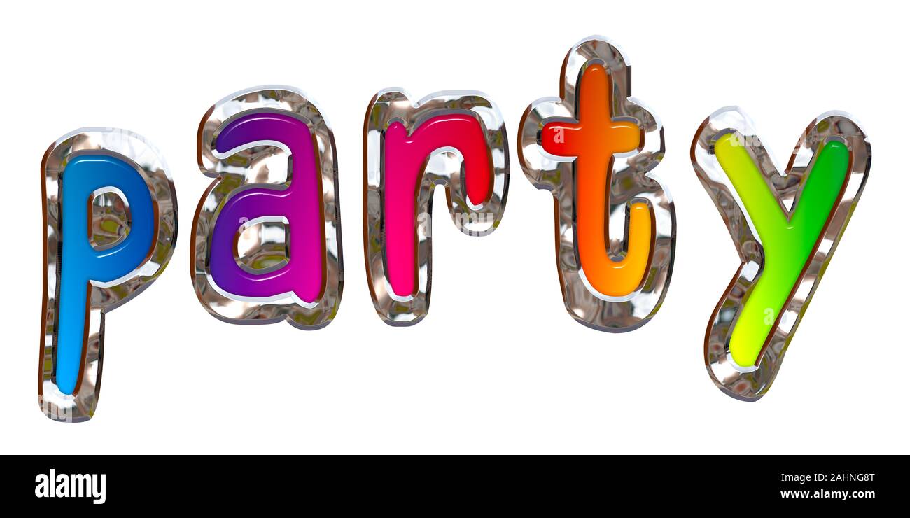 Party word with a multicolour glass effect framed with a chrome ...