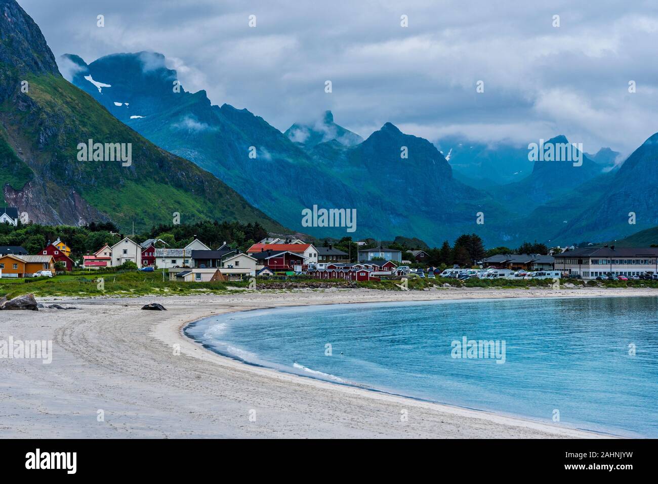 Rambergstranda beach in Lofoten archipelago, Ramberg village and ...