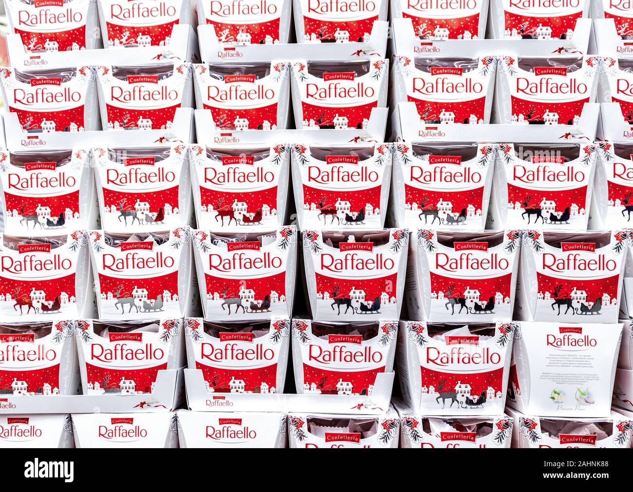 Samara, Russia - December 14, 2019: Raffaello chocolate on the shelf in ...