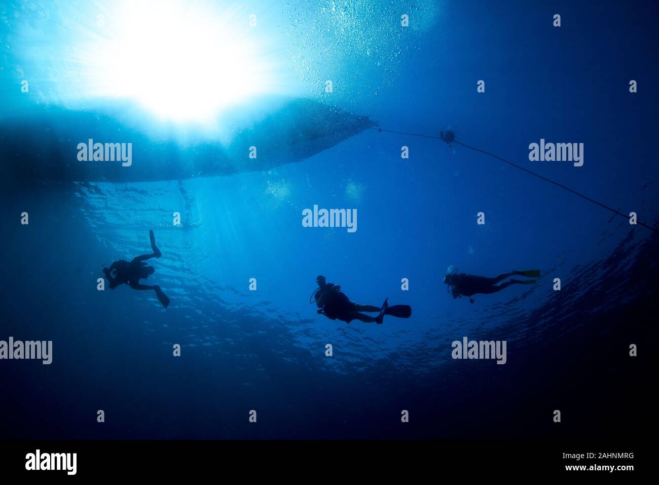 Divers under a boat Stock Photo - Alamy