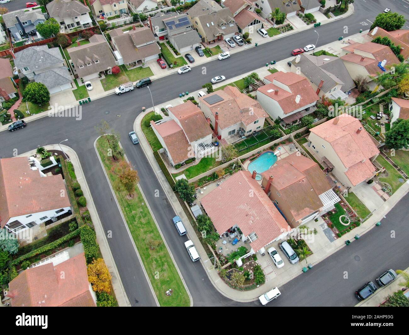 Aerial view of urban sprawl. Suburban packed homes neighborhood with ...