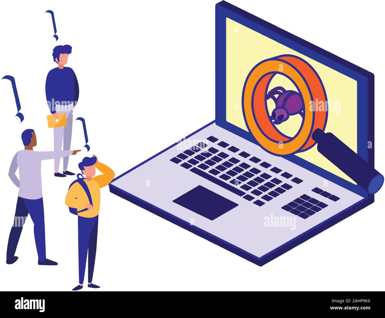 Laptop and men design of Security system warning protection danger web ...