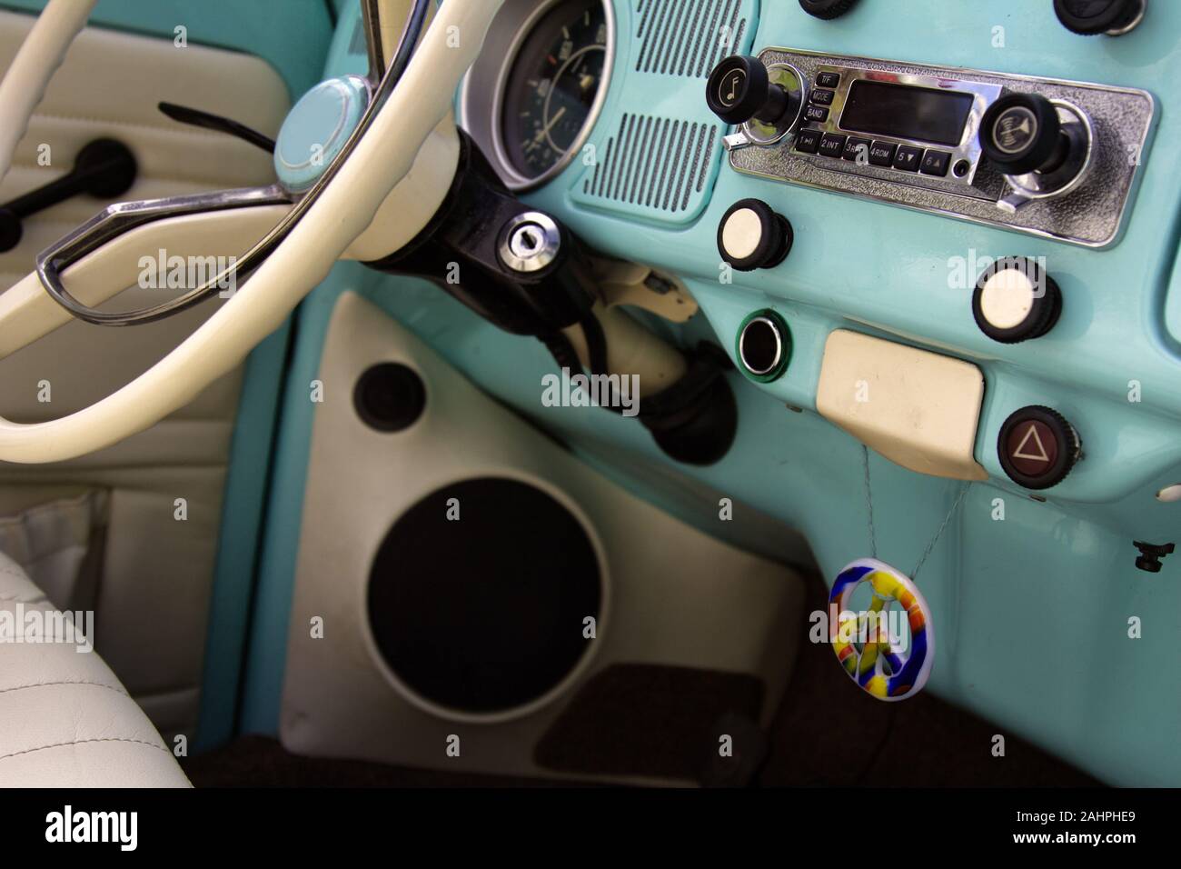 wheel car of mid-20th century. Interior, interior of old car with radio ...