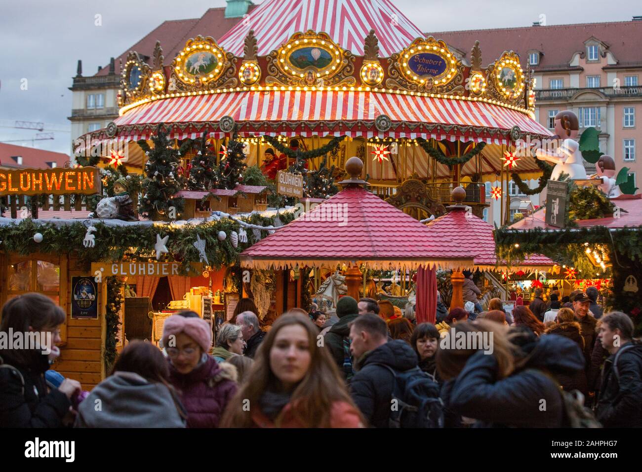 Crowd of people at the Christmas Striezelmarkt one of the oldest and ...