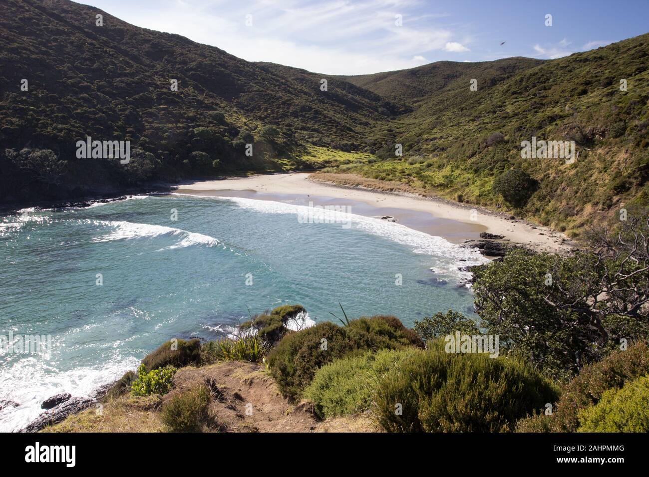 An aerial view of Sandy Bay from the Te Paki Coastal Track, Cape Reinga ...