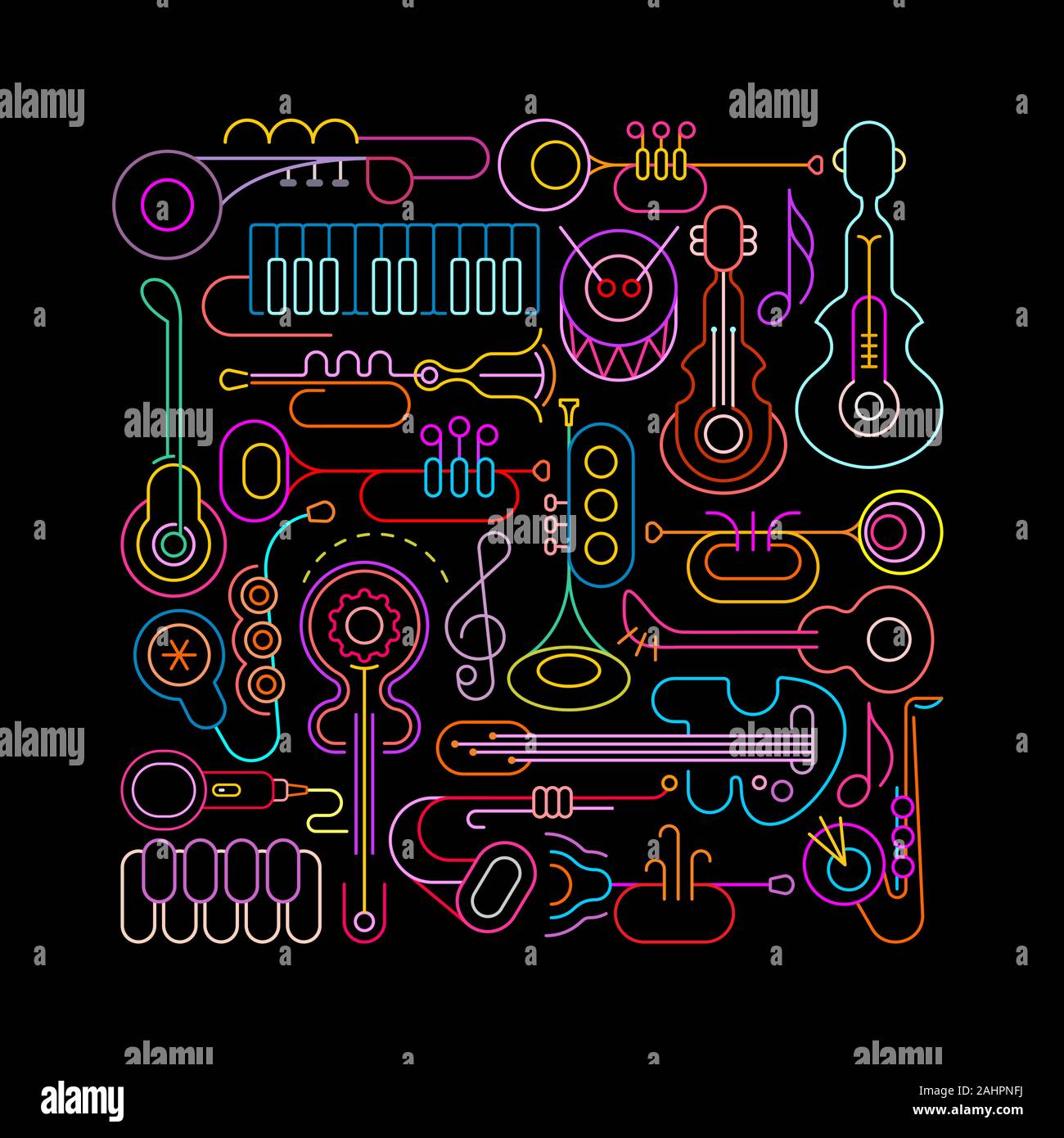Neon colors isolated on a black background Music Instruments vector ...