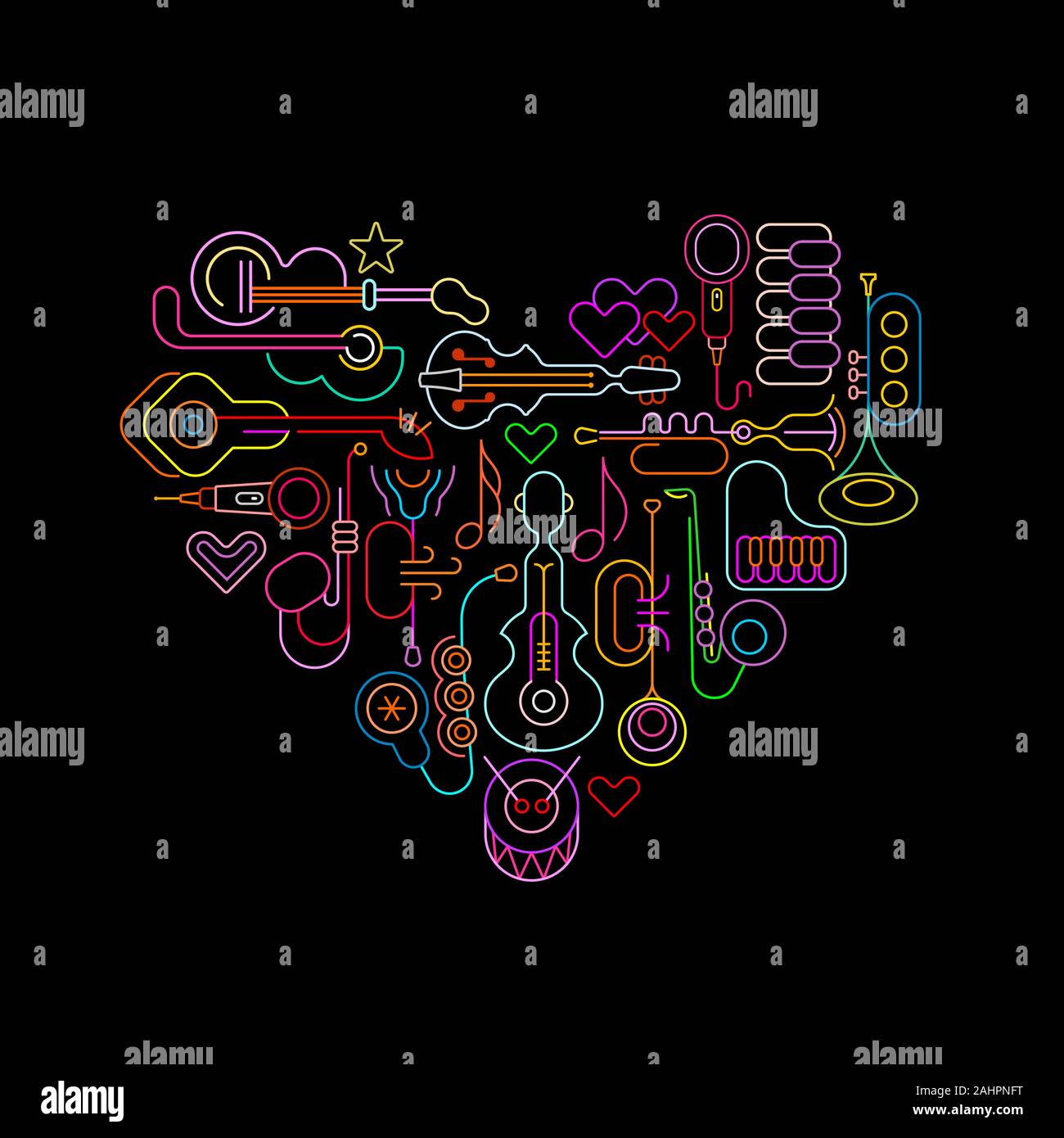 Neon colors isolated on a black background Musical Heart vector ...