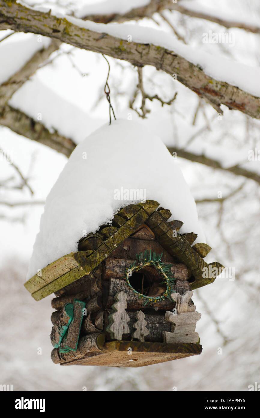 Bird House in Log Cabin style with heavy snow. Winter Snow at Wartinger ...