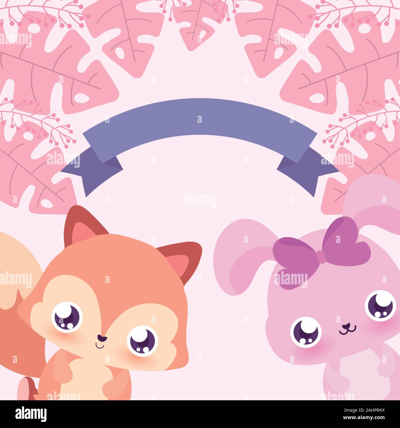 fox and rabbit cartoon with leaves design, Kawaii expression cute ...