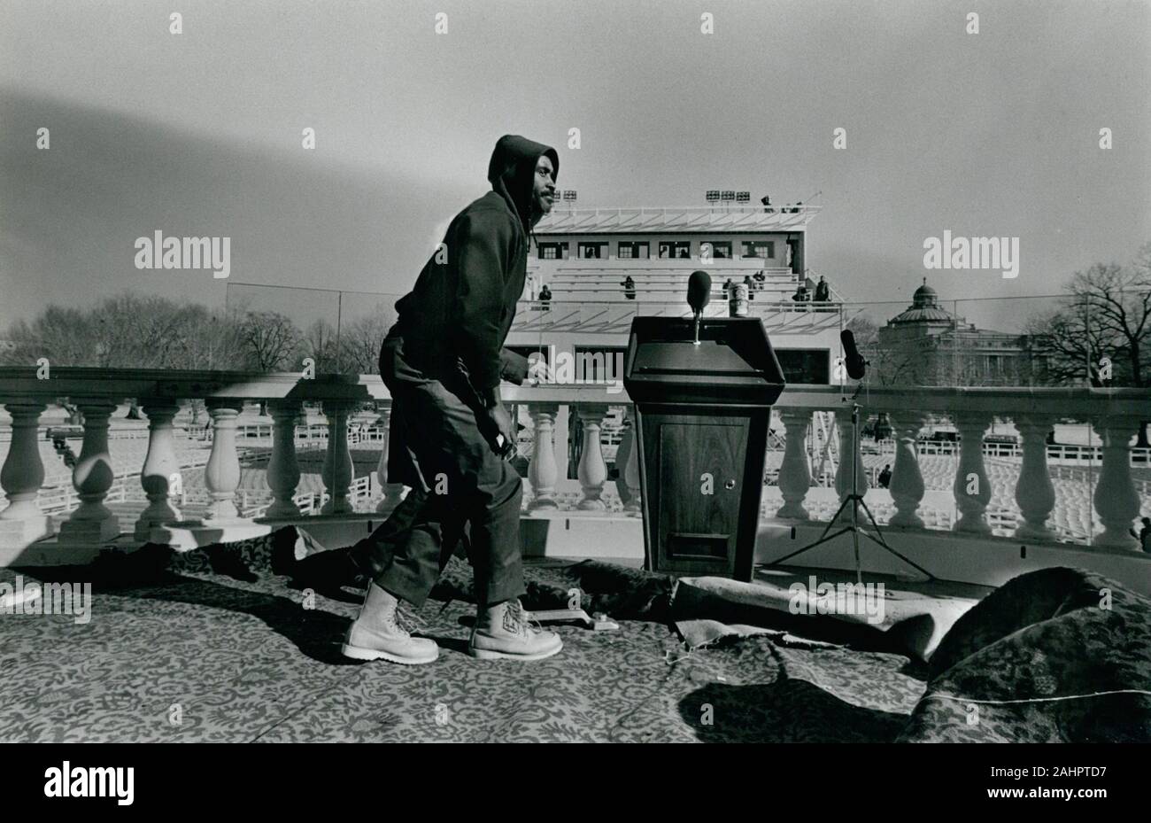 Jan. 20, 1977 - Washington, DC, USA - A man works on the podium stage ...