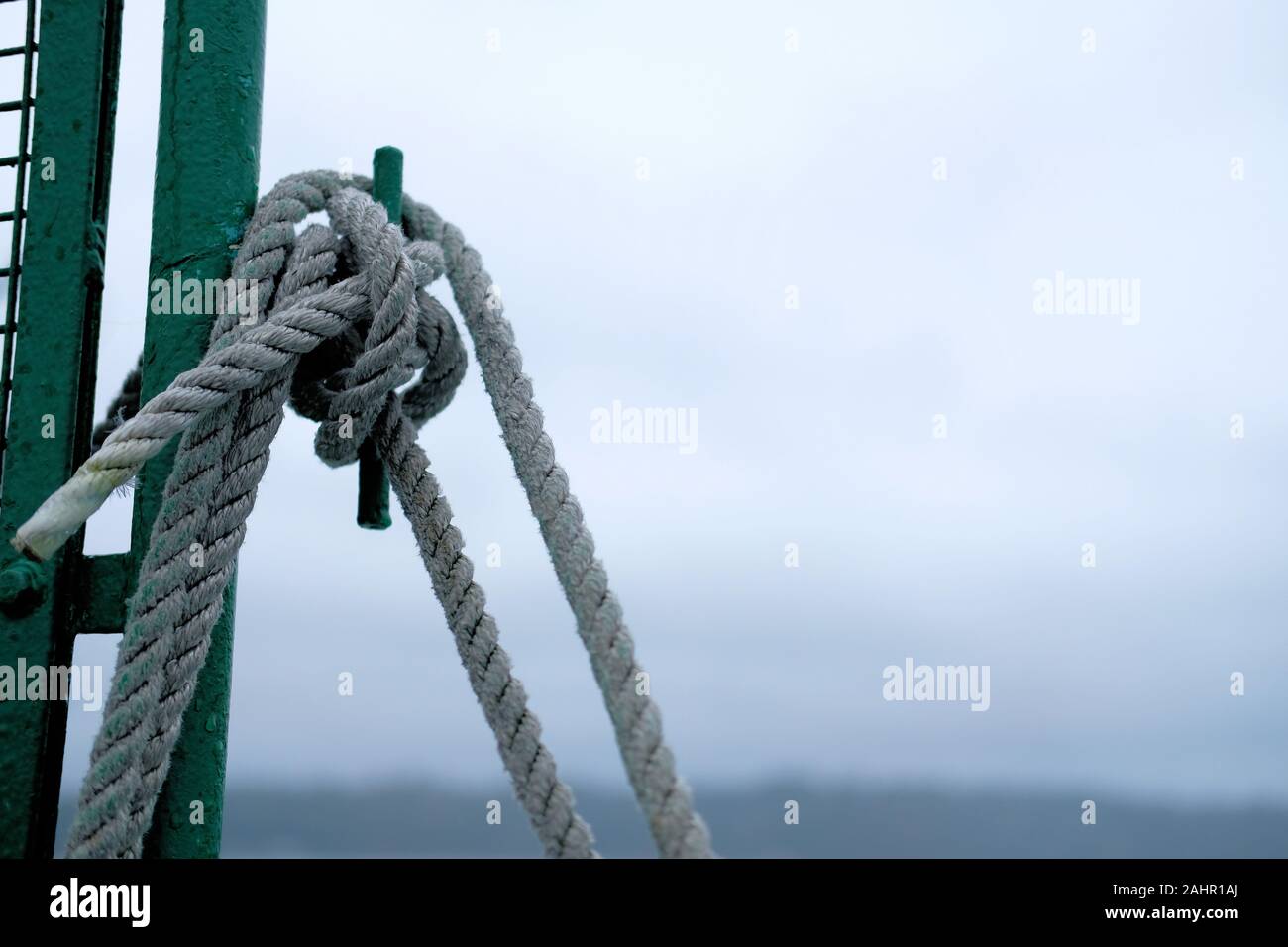 Rope knot on a green metal rail on a ferry boat between Bremerton and ...