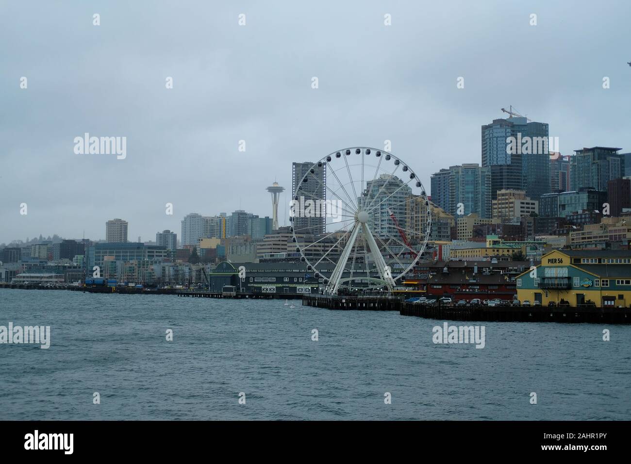 View of the downtown Seattle, Washington skyline from a ferry boat on ...