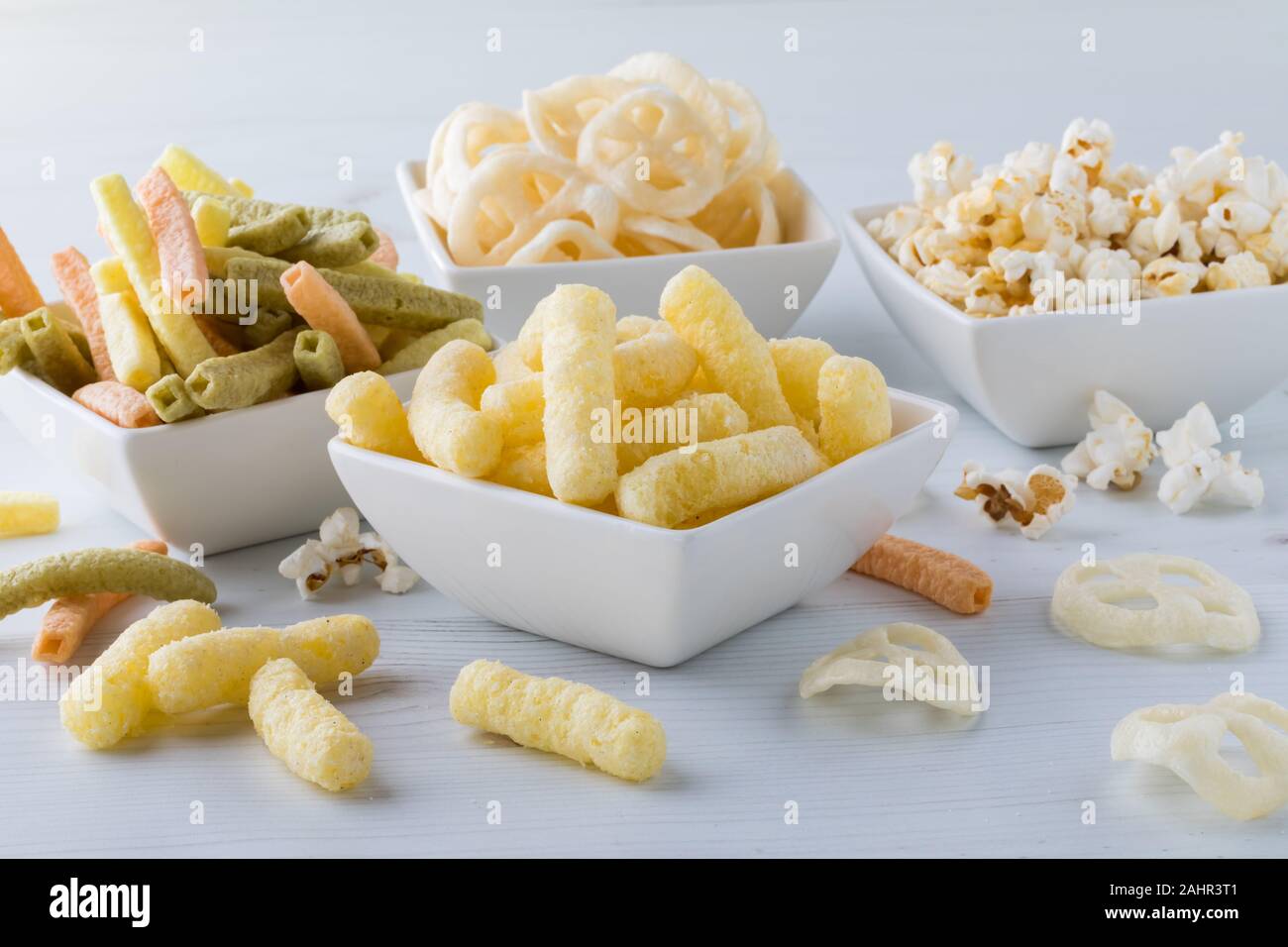 A close up view of an assortment of healthy puff snacks ready for ...