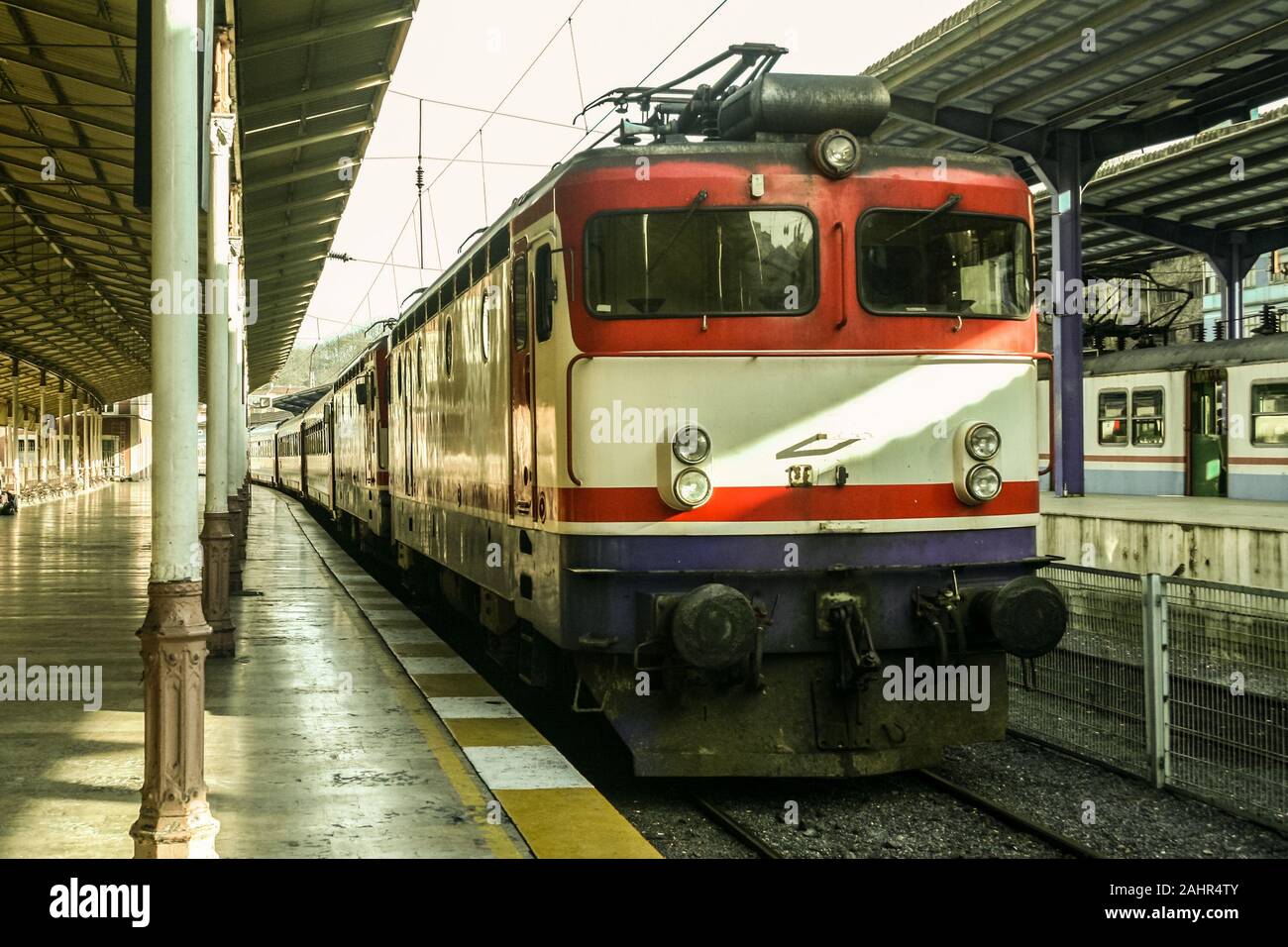 Turkish railways passenger express train arriving in the Sirkeci Gar ...