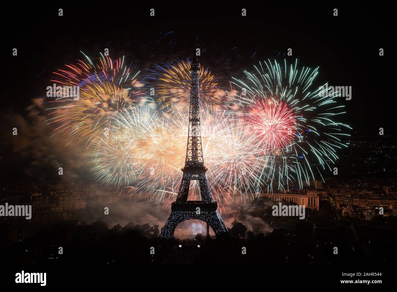 Fireworks on the Eiffel Tower during the 14th of July 2019 French ...