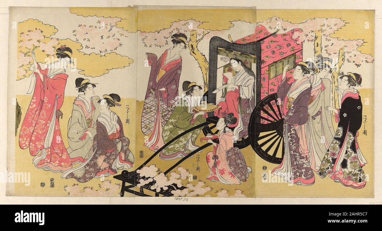 Chôbunsai Eishi. Noble woman in a carriage viewing cherry blossoms ...