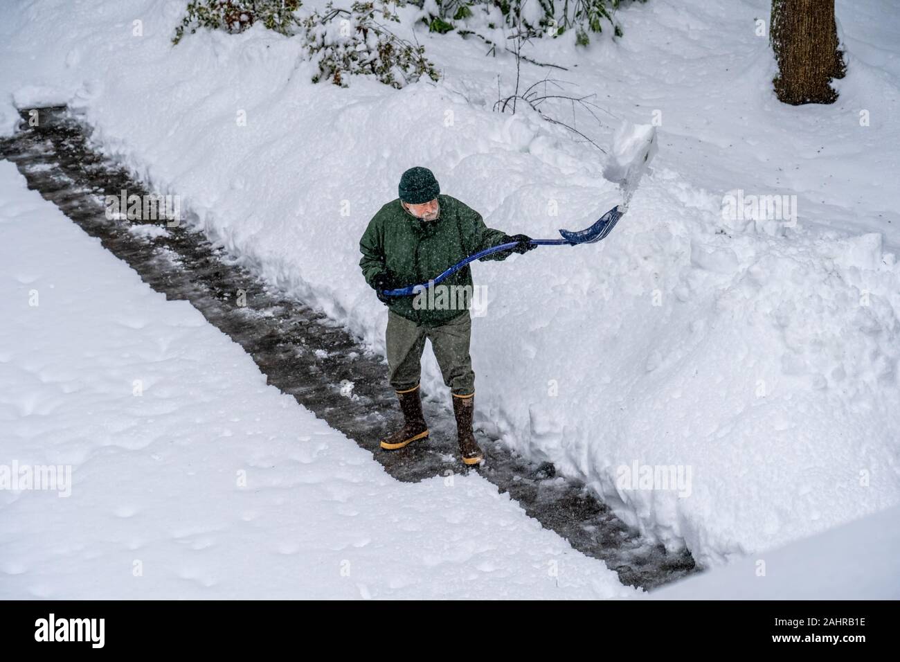 Issaquah, Washington, USA. Mature man shoveling deep snow in his ...