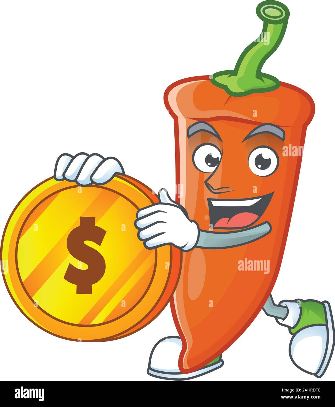 happy face orange chili cartoon character with gold coin Stock Vector ...