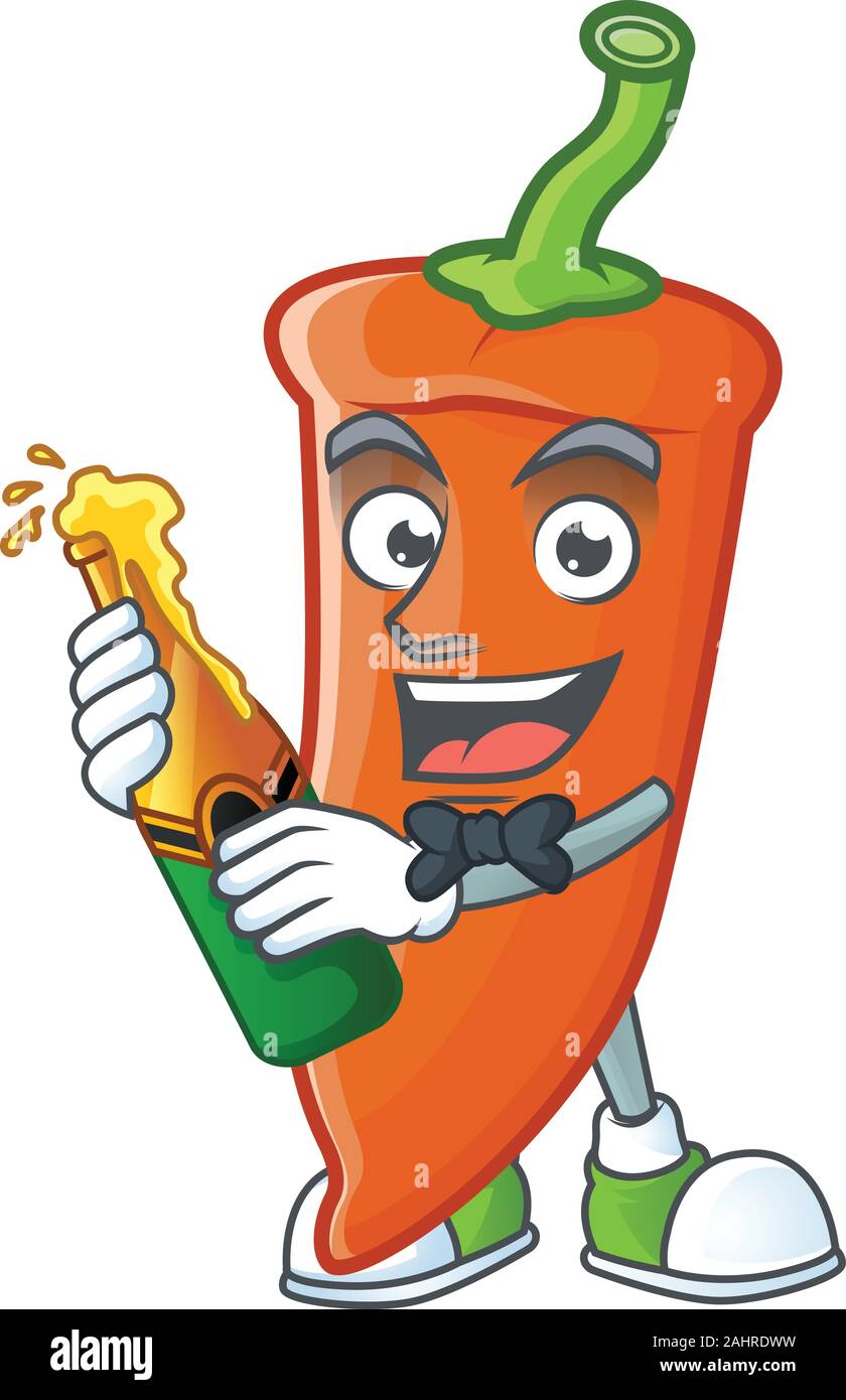Happy orange chili with beer cartoon character design Stock Vector ...