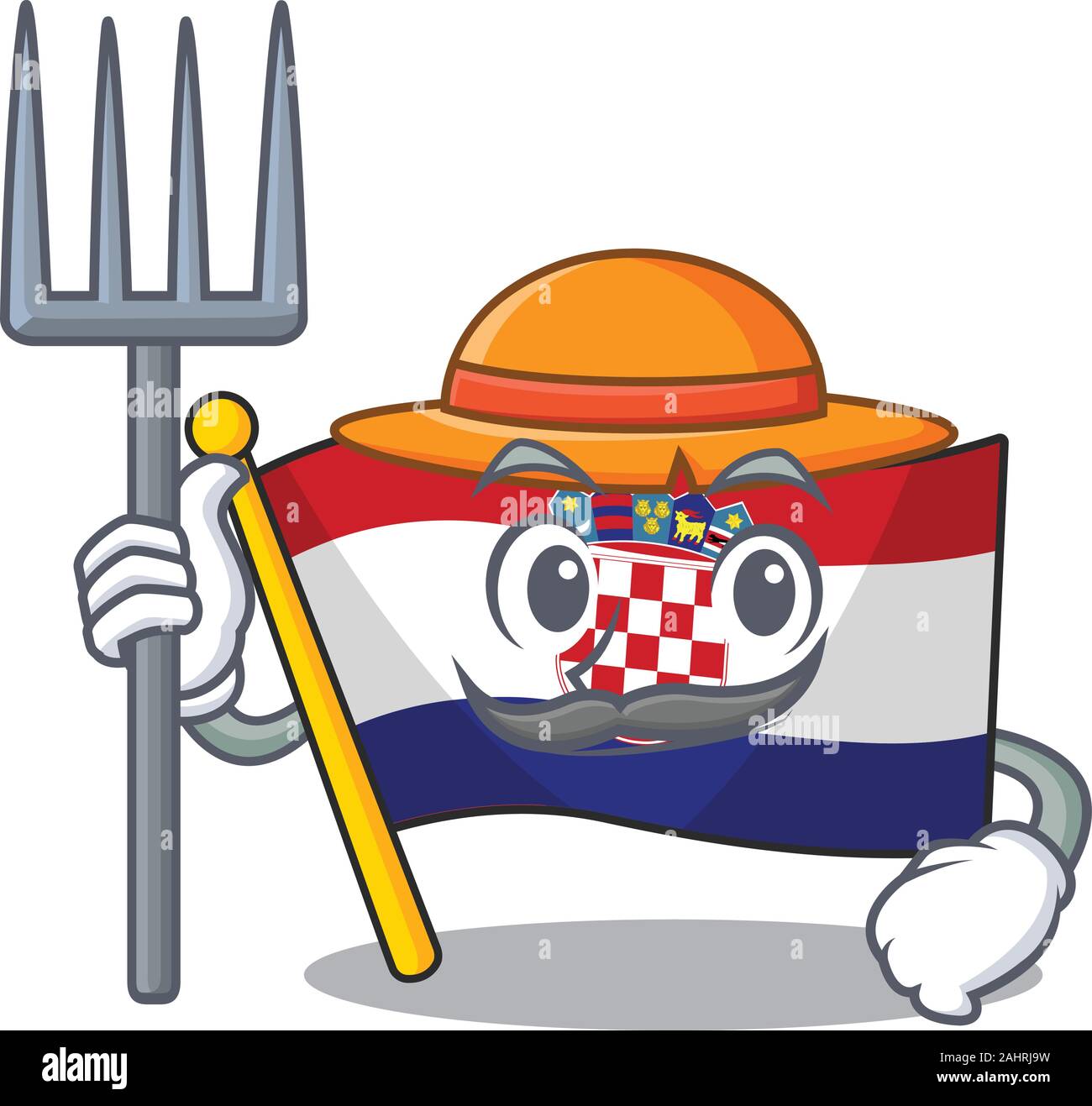 Happy Farmer flag croatia Scroll cartoon character with hat and tools ...