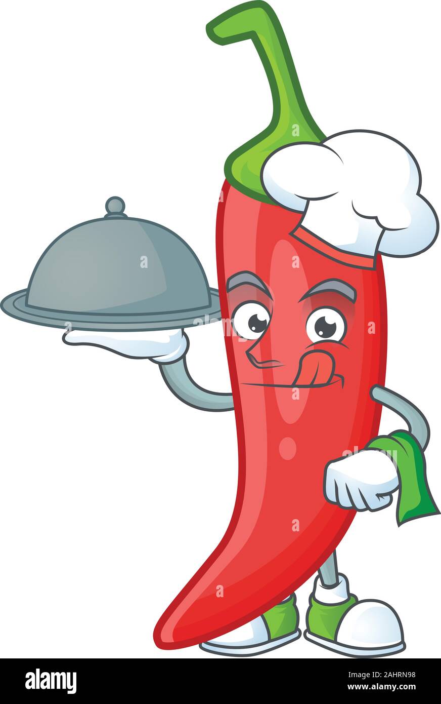 Cute red chili as a Chef with hat and tray cartoon style design Stock ...