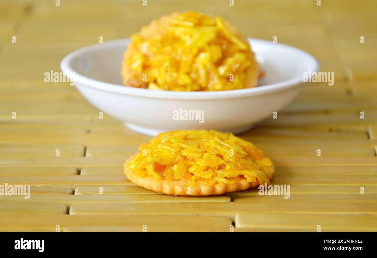 biscuits topping crispy jack fruit and peanut with caramel on cup Stock ...
