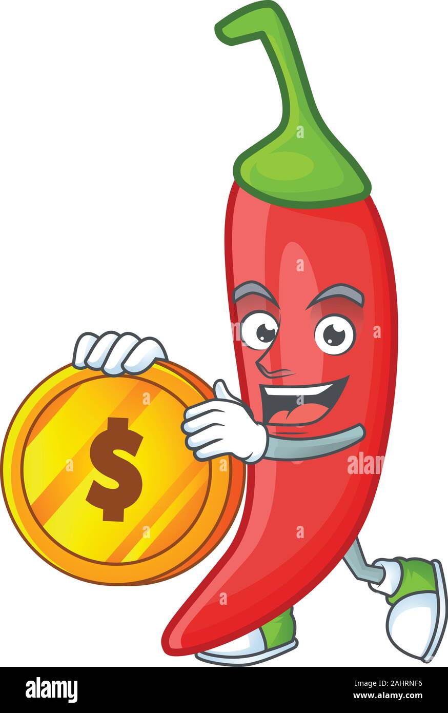 happy face red chili cartoon character with gold coin Stock Vector ...
