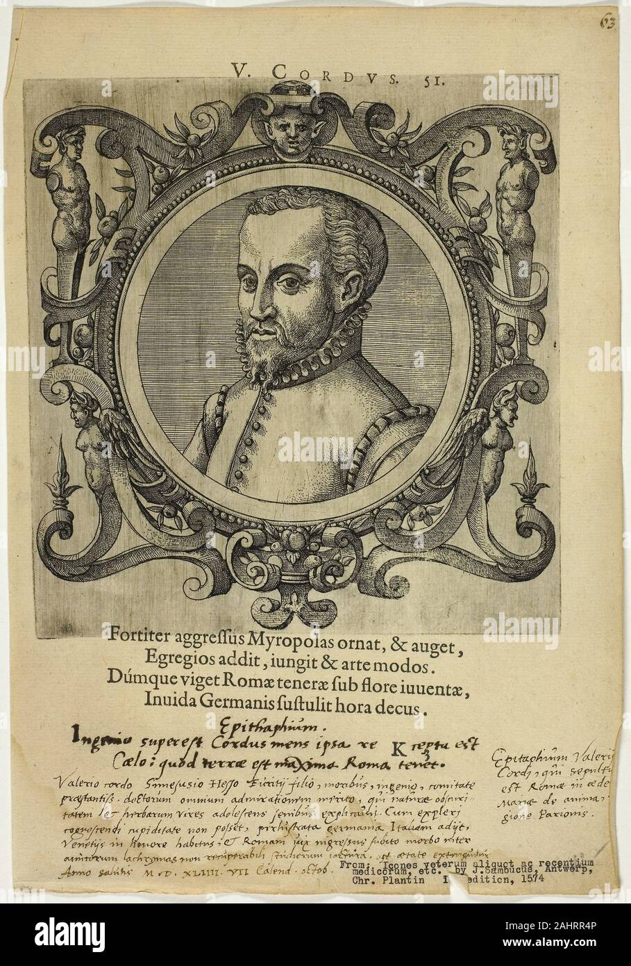 Johannes Sambucus (Author). Portrait of V. Cordus. 1574. Flanders ...