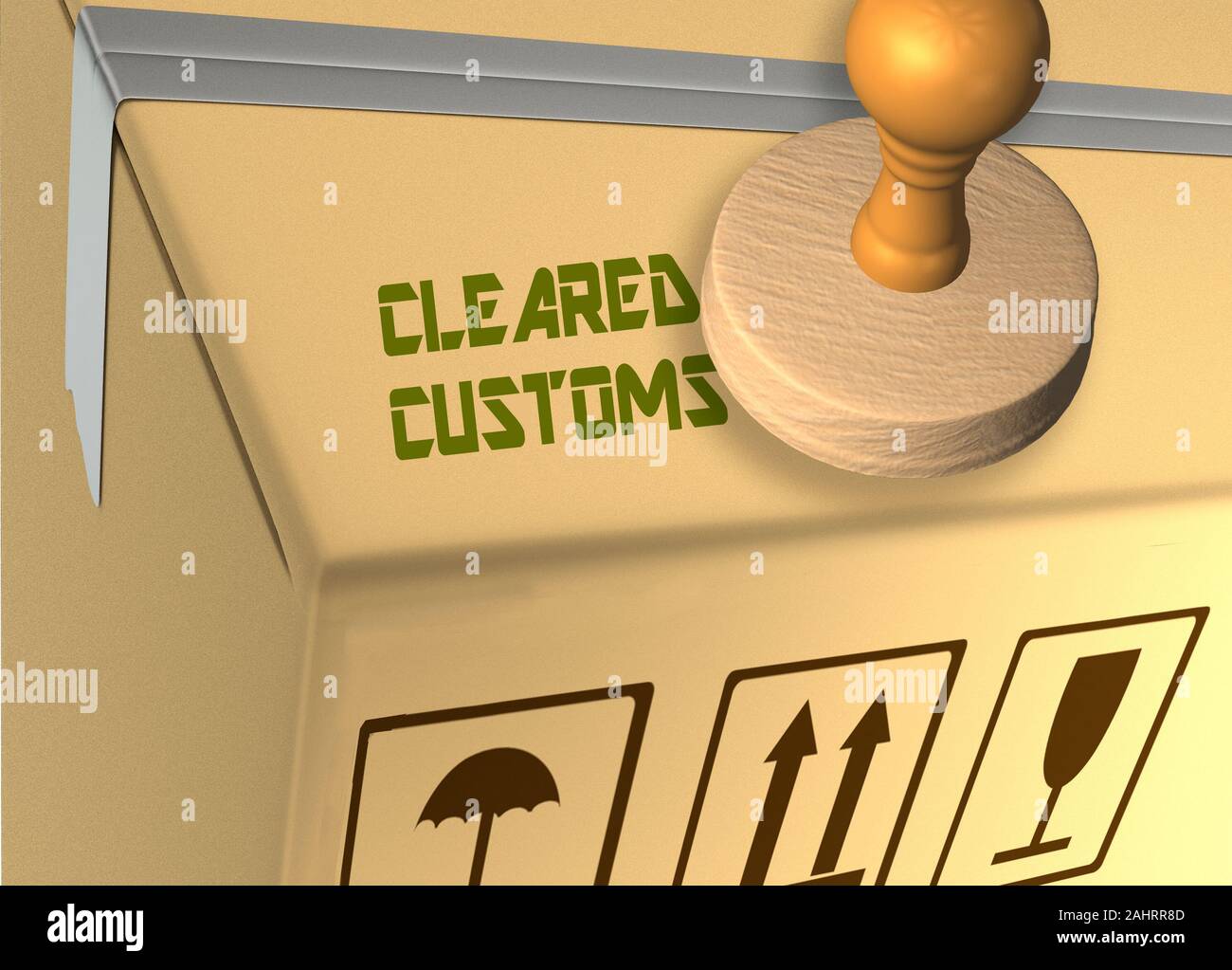 3D illustration of CLEARED CUSTOMS stamp title on a carton box Stock ...