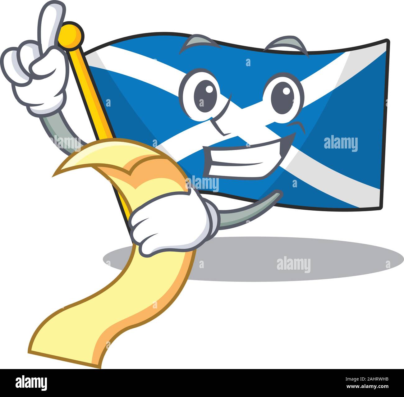 Flag scotland Scroll cartoon character holding menu ready to serve ...