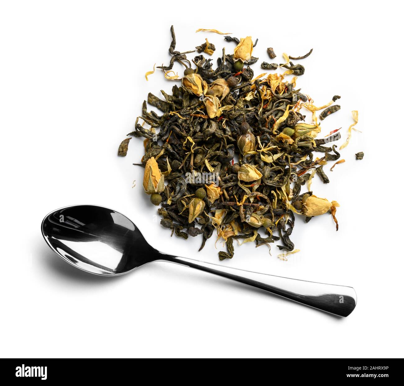 Green tea with natural aromatic additives. Top view on white background ...