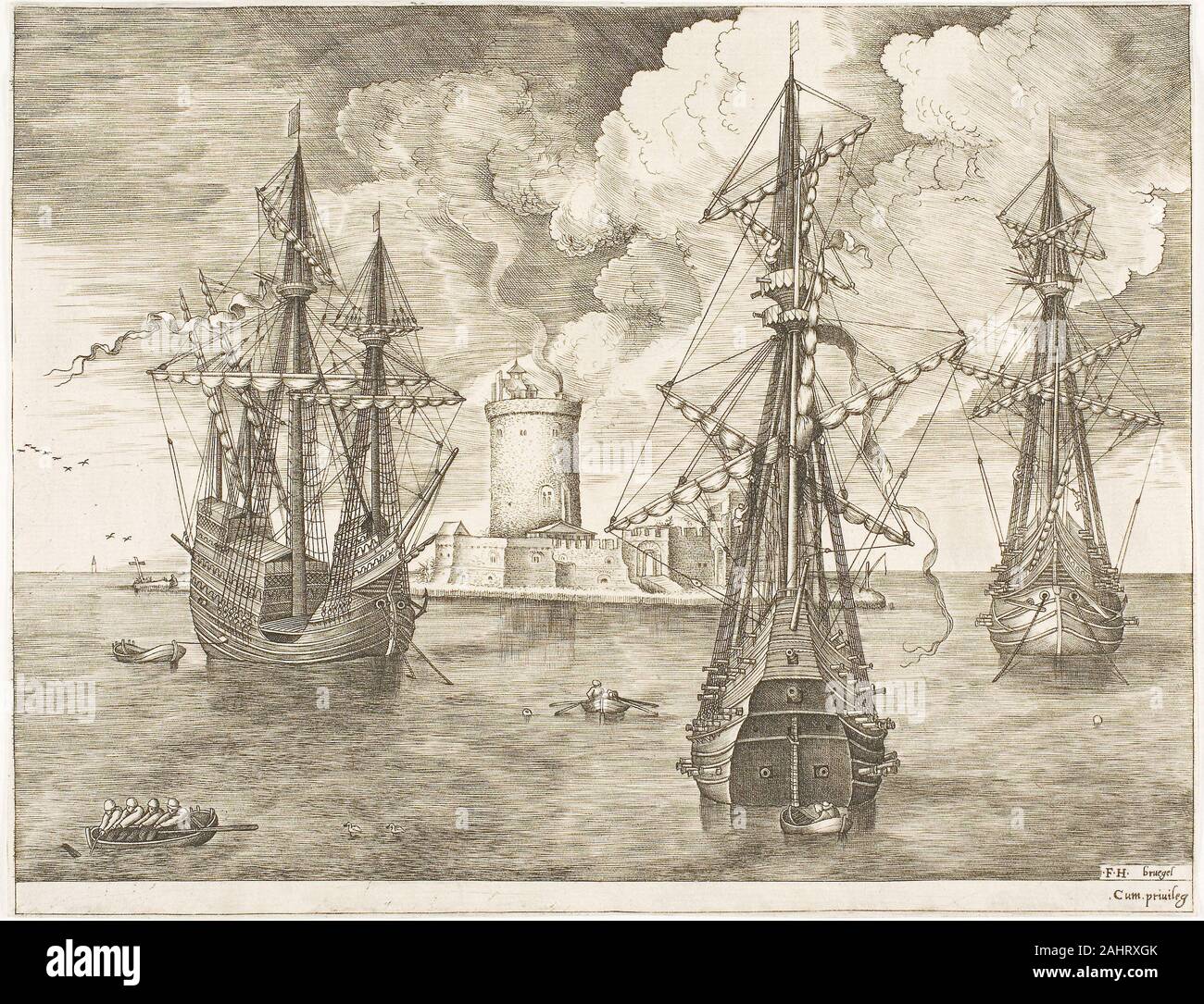 Franz Huys. Four-Master and Two Three-Masters Anchored near a Fortified ...