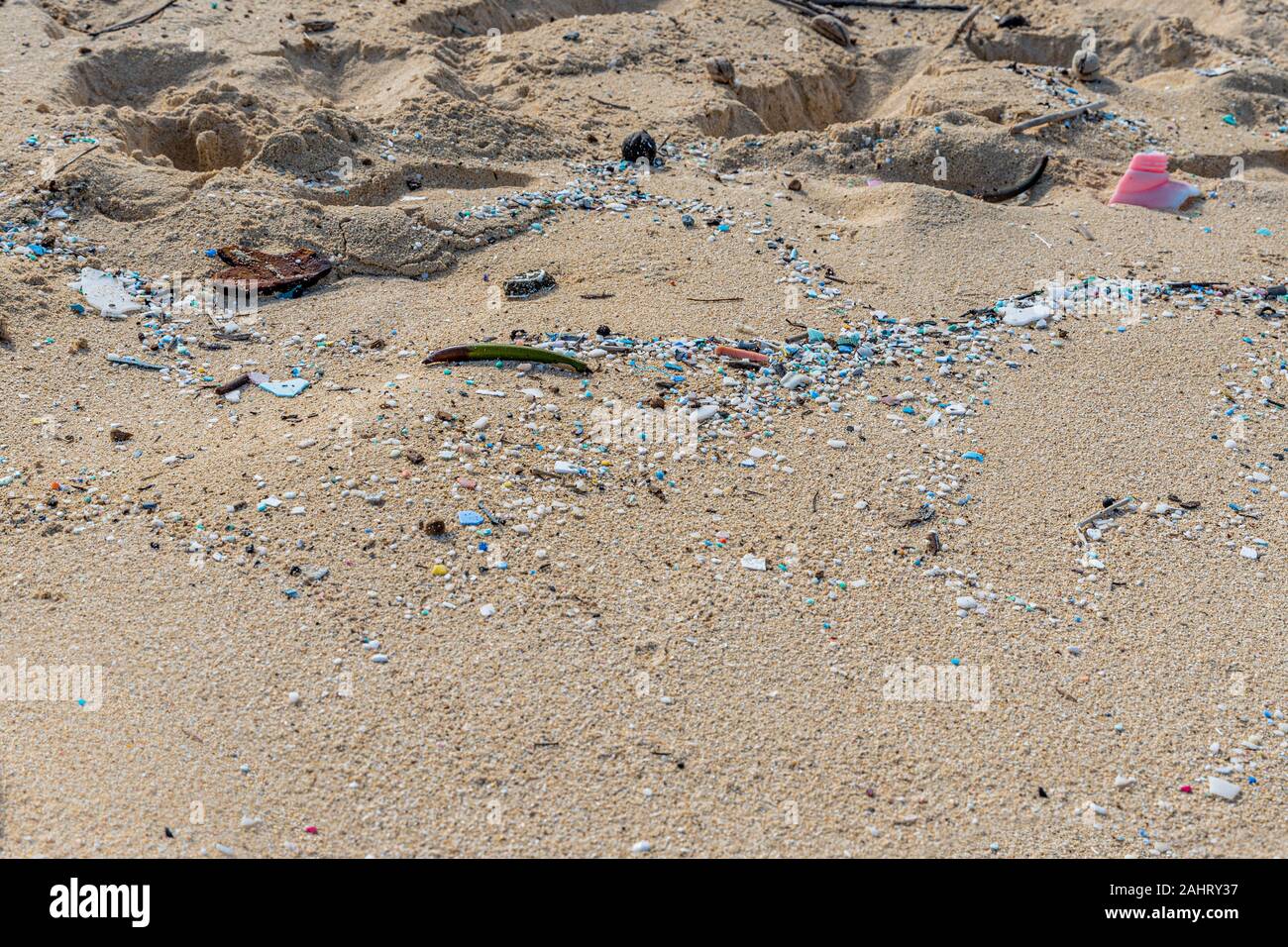 Microplastic pollution littering Waimanalo Beach in Hawaii Stock Photo ...