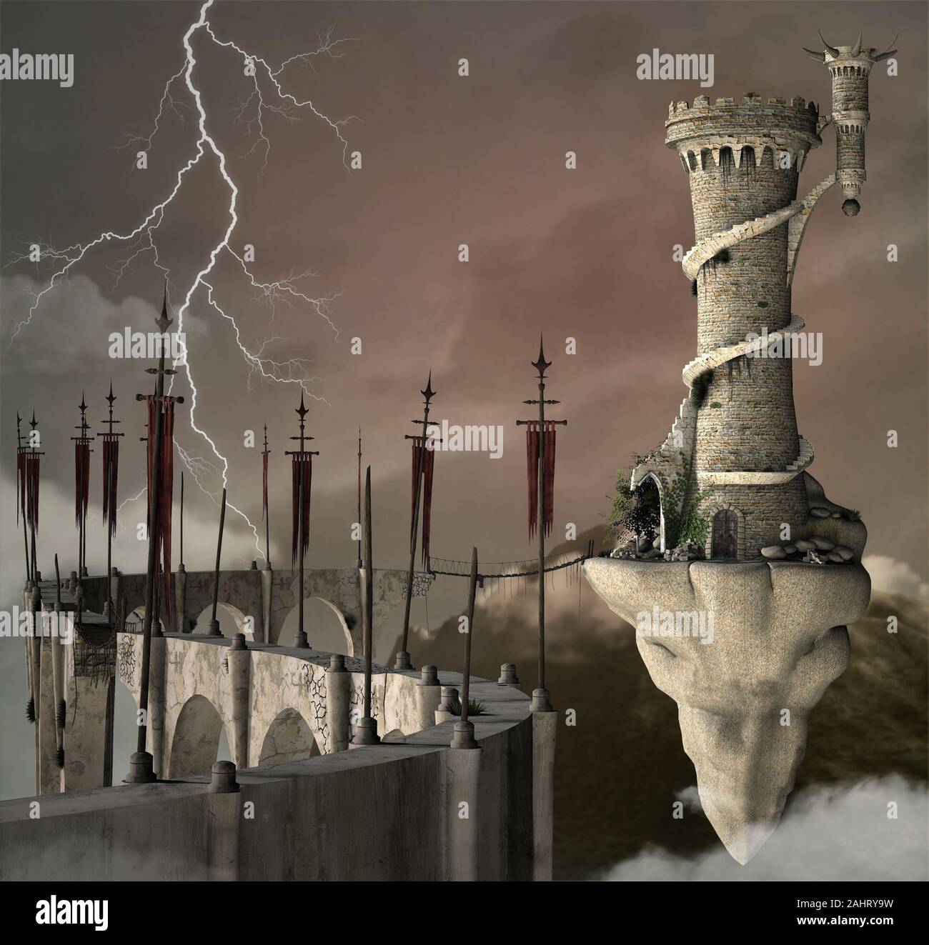 Fantasy kingdom flying high tower in a stormy weather scenery Stock ...