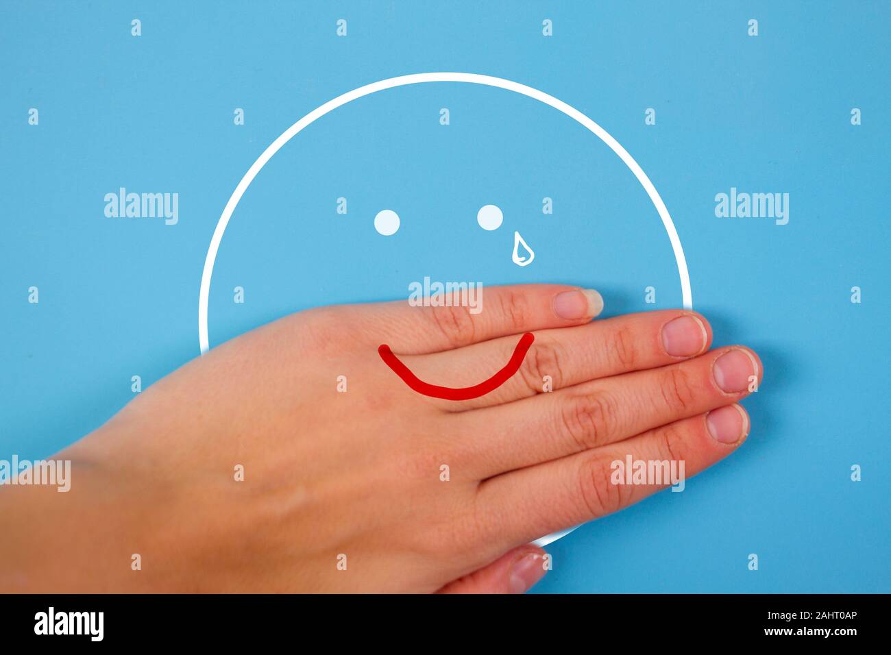 Hide feelings concept. Contrast between smiling lips and crying eyes ...