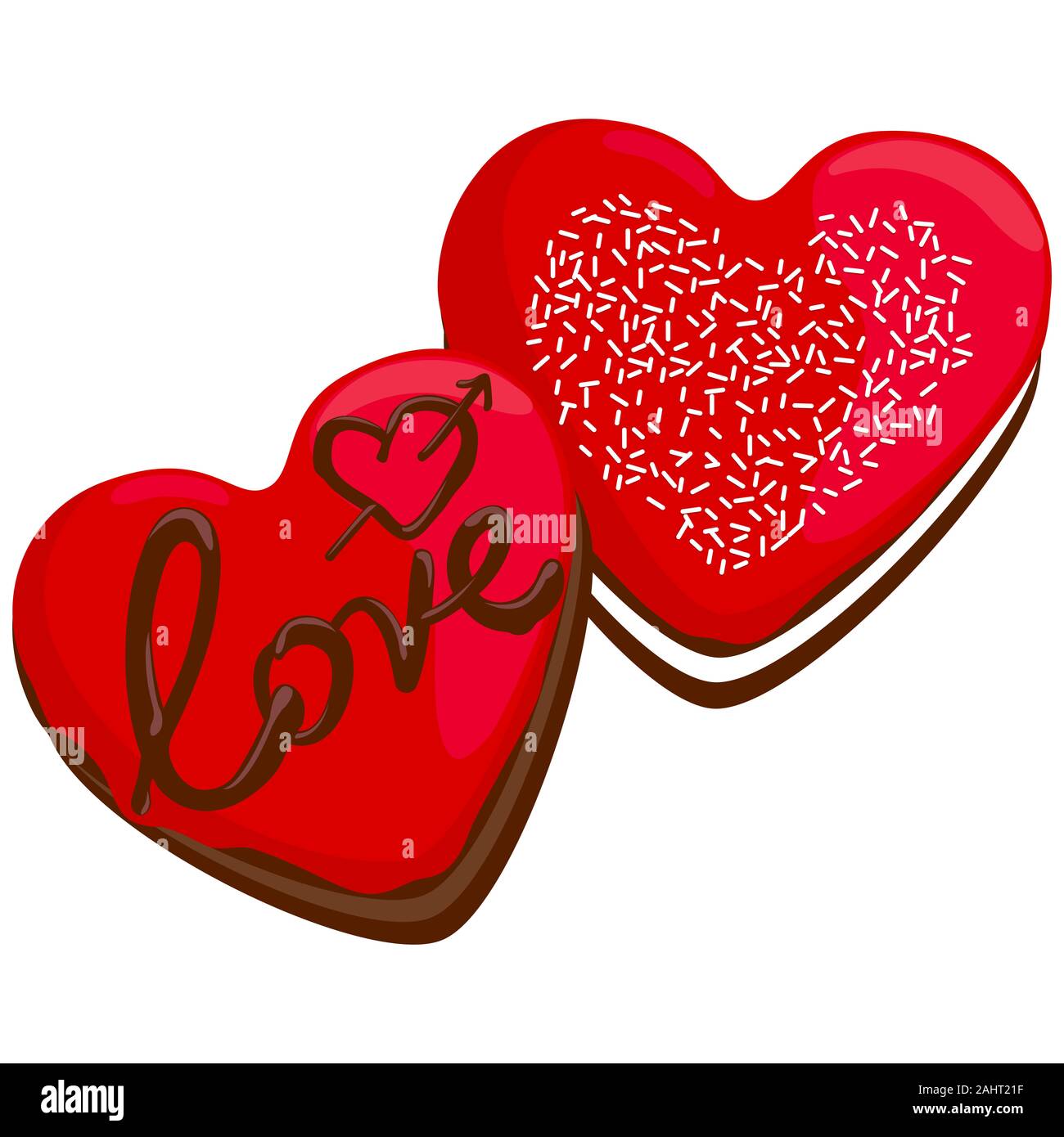 Vector illustration of two red heart shaped donuts on white background ...