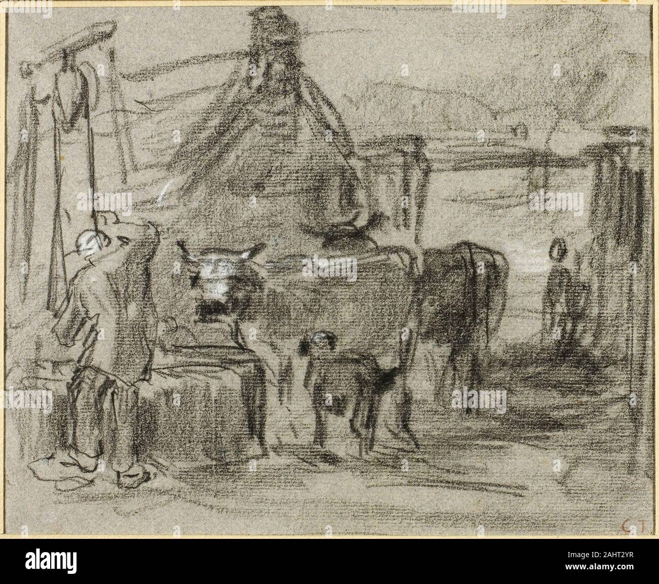 Constant Troyon. Farmyard with Man and Cattle. 1830–1865. France. Black ...