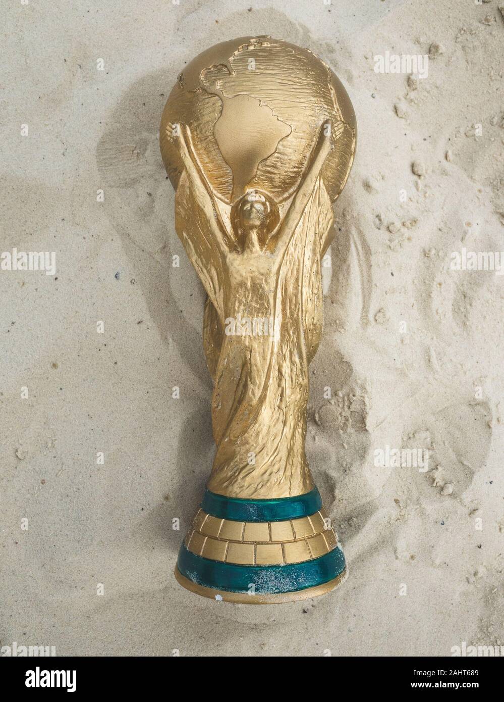 May 30, 2019. Doha, Qatar. FIFA World Cup trophy on sand. FIFA World ...