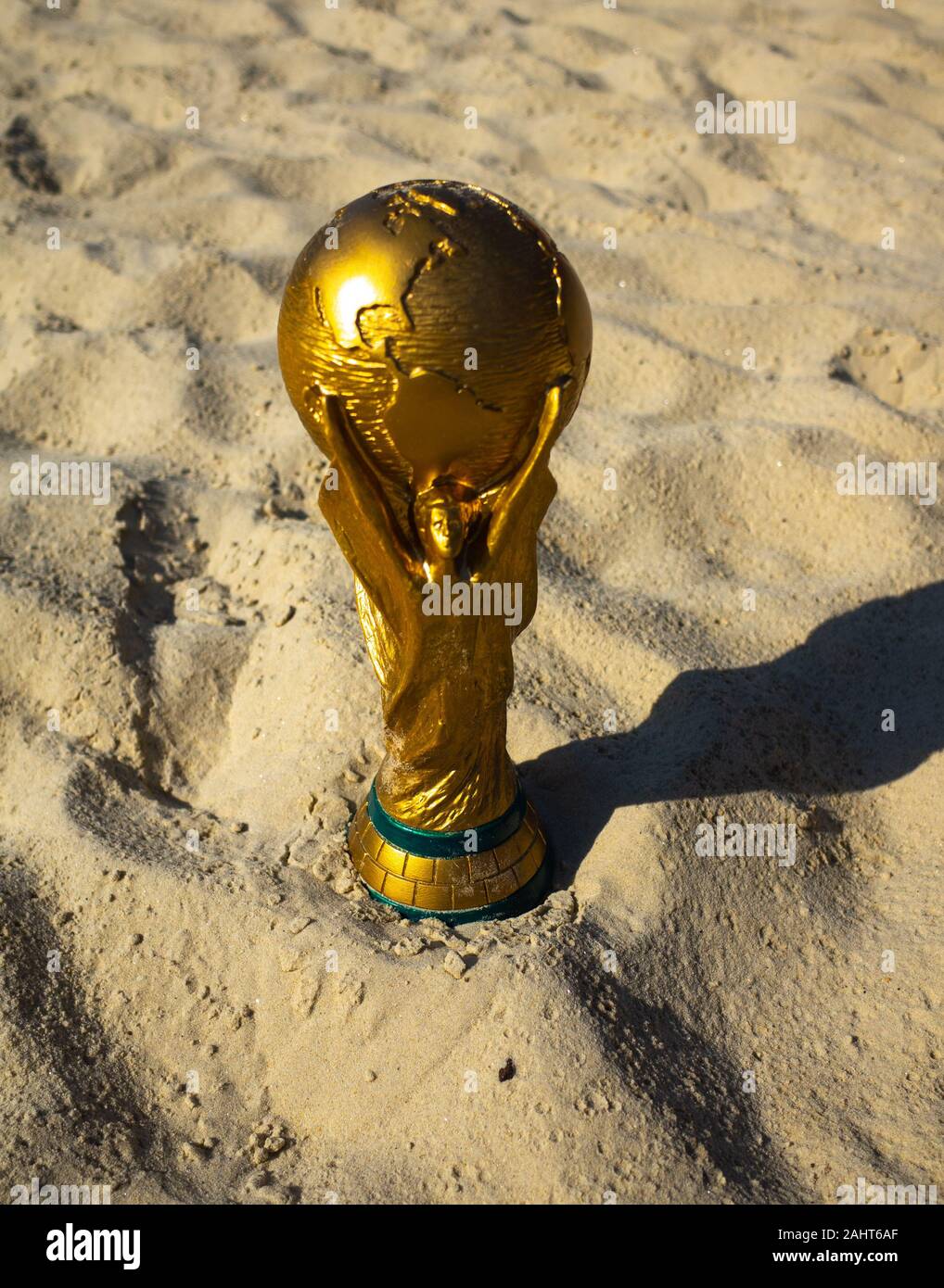 May 30, 2019. Doha, Qatar. FIFA World Cup trophy on sand. FIFA World ...
