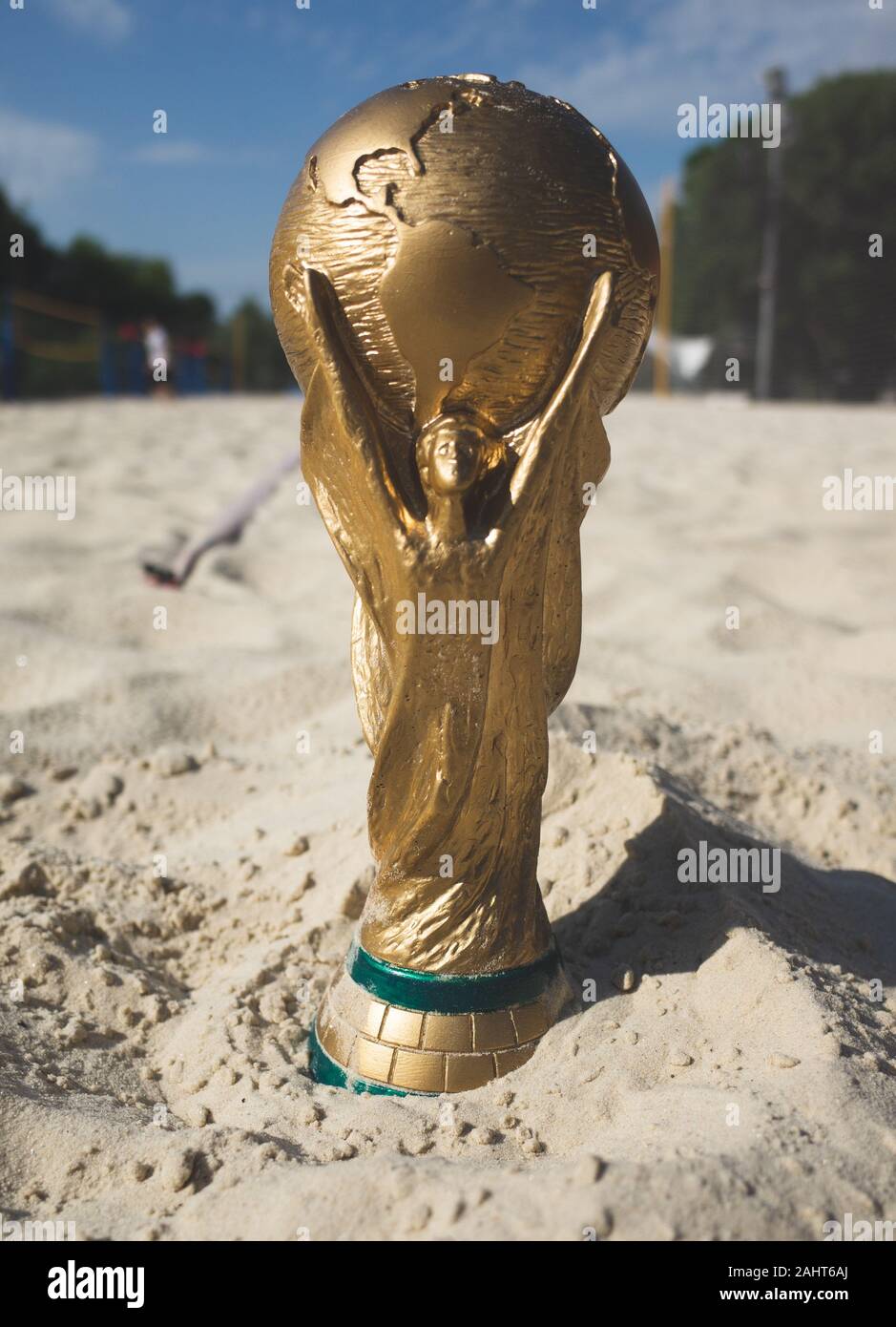 May 30, 2019. Doha, Qatar. FIFA World Cup trophy on sand. FIFA World ...