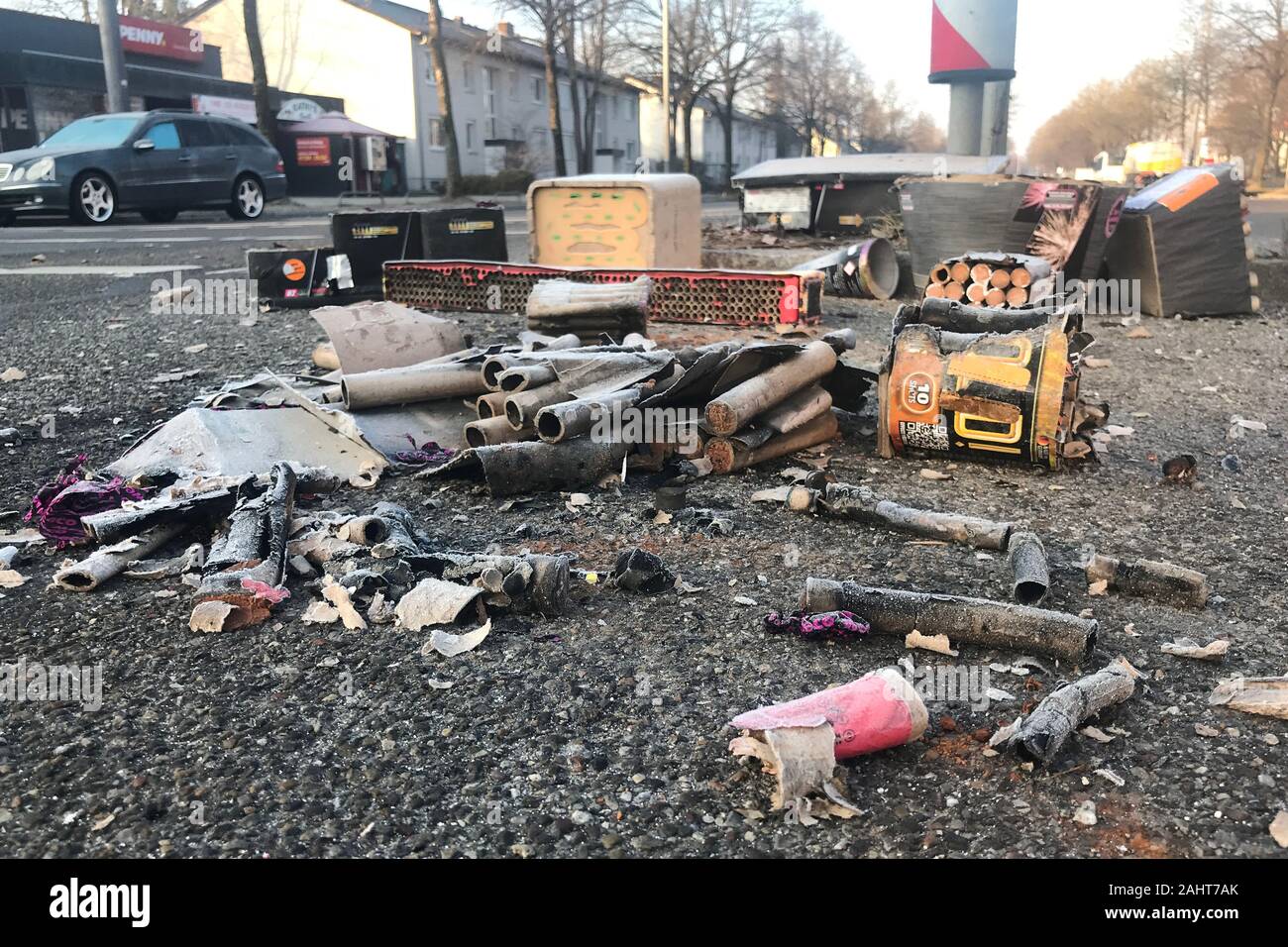 Munich, Deutschland. 01st Jan, 2020. Fireworks waste is on the street ...