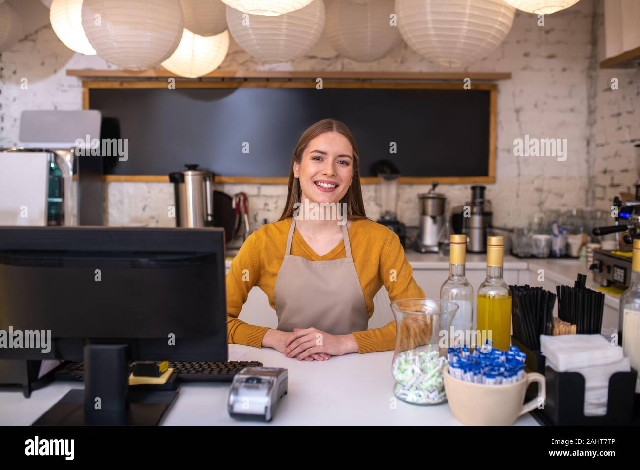 Cafe owner with clients hi-res stock photography and images - Alamy