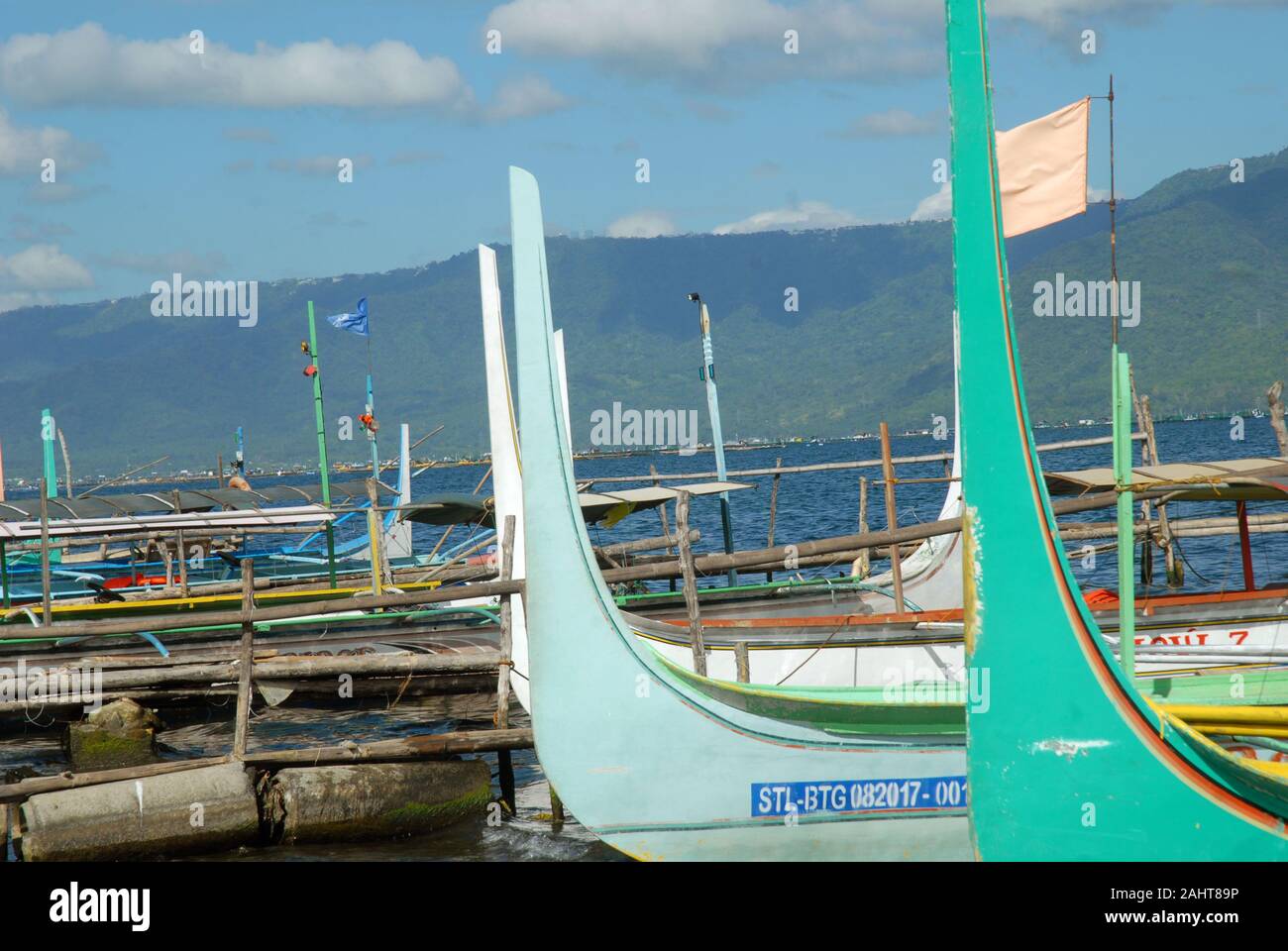 Traditional Bangka boats docked on the shore of Taal Lake on Taal ...
