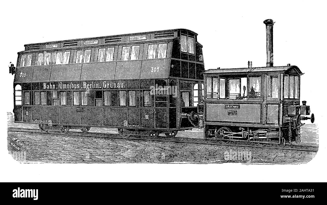 Omnibus tram with steam locomotive engine on the Berlin Gruenau line ...