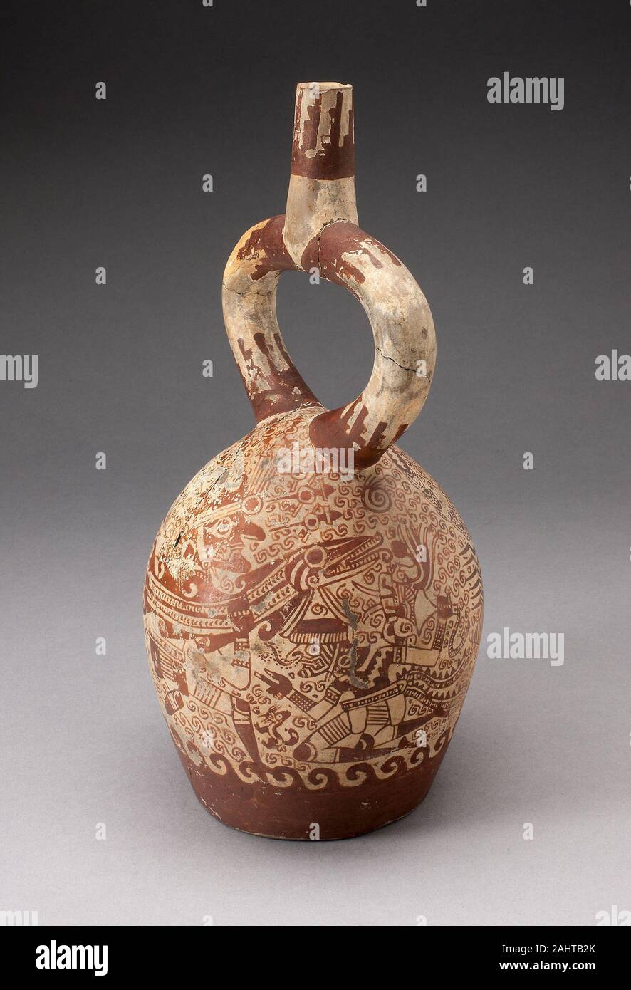 Moche. Stirrup Vessel with Fineline Painting Depicting Warriors in an ...