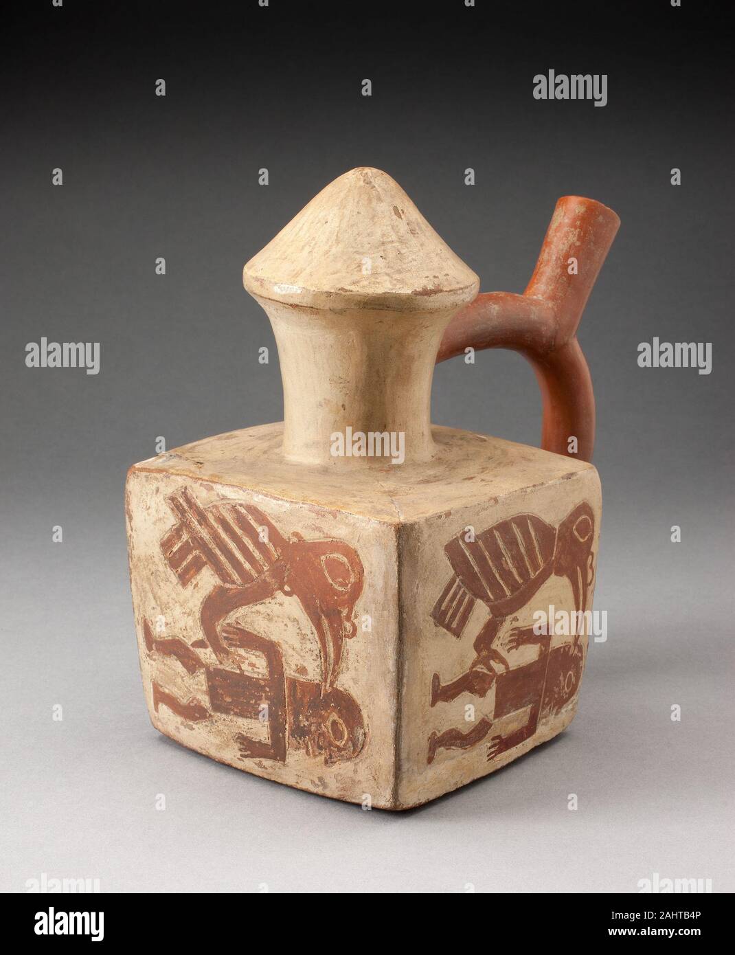 Moche. Square Handle Spout Vessel with Image of a Man Attacked by a ...